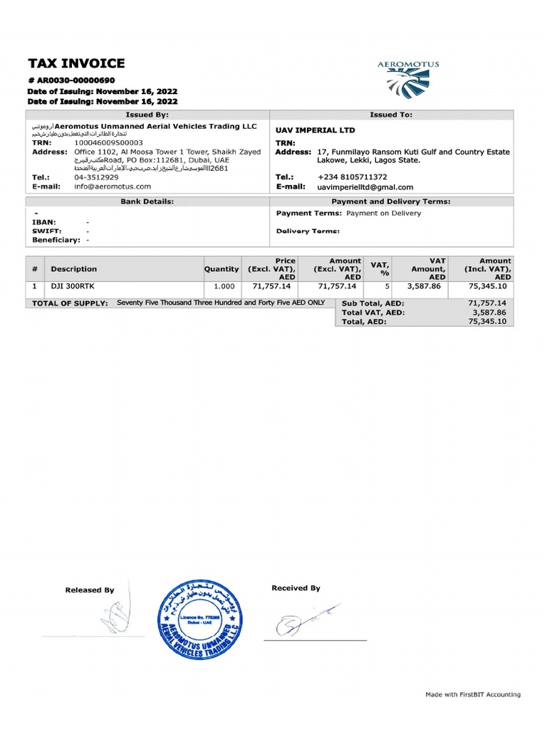 Invoice for the purchase of a DJI 300RTK drone system from UAV Imperial Ltd totaling 75,345.10 ...