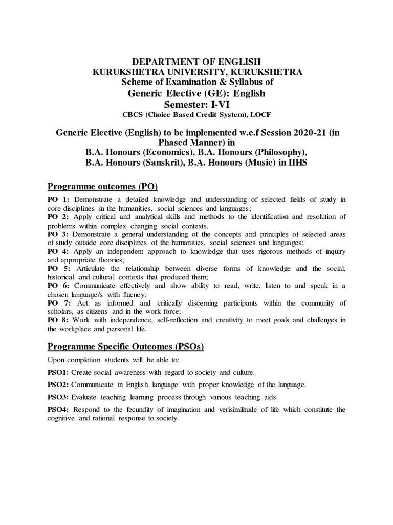 Generic Elective (GE) English | PDF | Course Credit | English Language