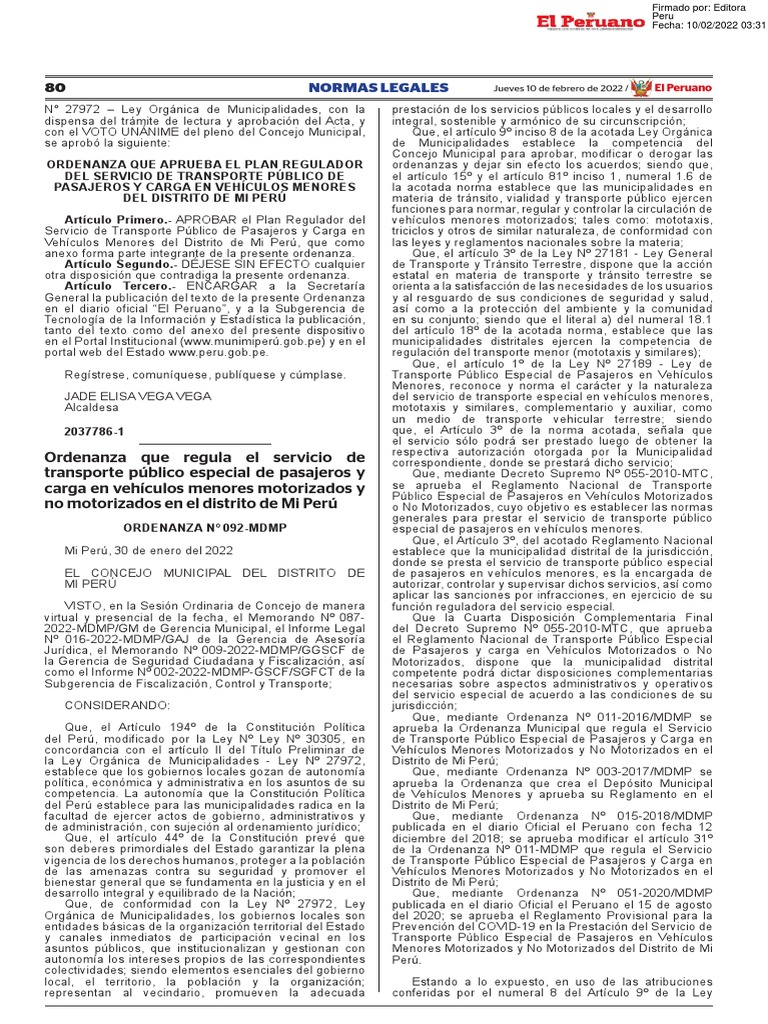 Ordenanza Que Regula El Servicio de Transporte Publico Espec Ordenanza No 092 MDMP 2037787 1 ...