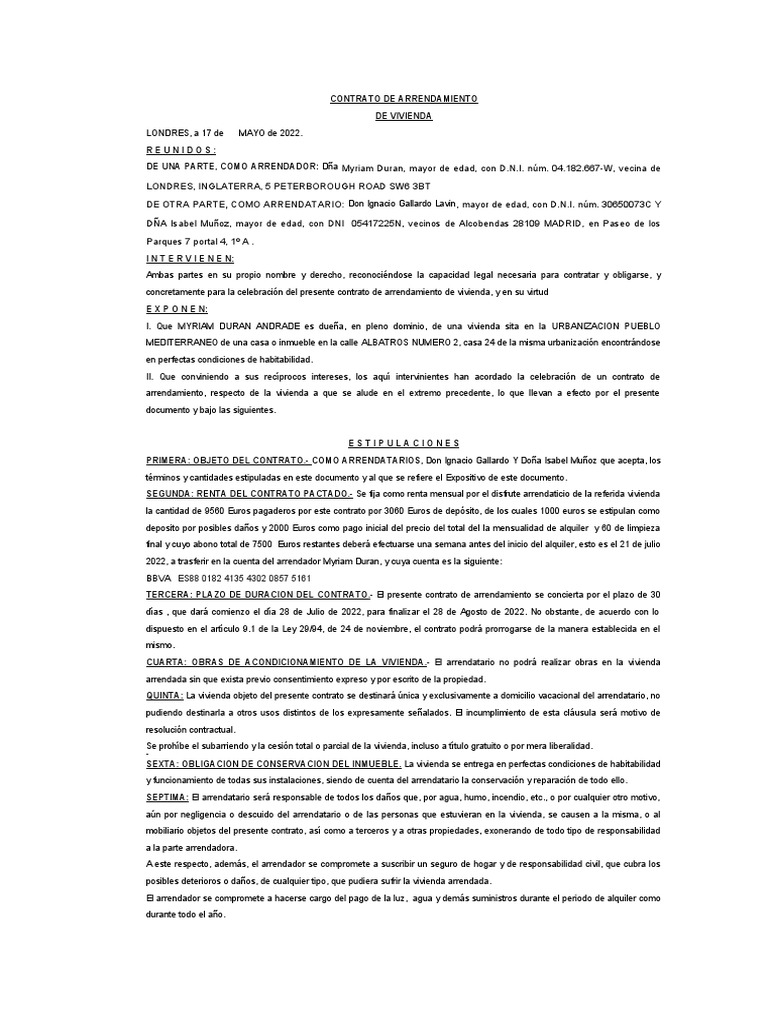 CONTRATO MArbella ARREND VIVIENDA | PDF | Derecho civil (sistema legal ...