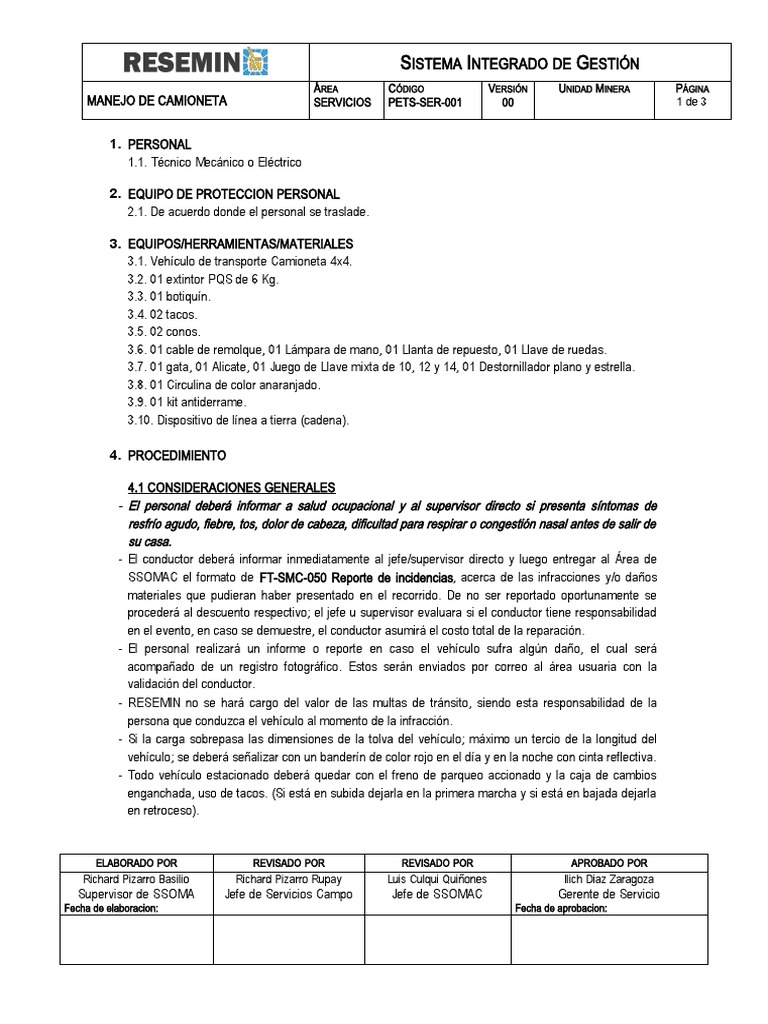 PETS-SER-001 - Manejo de Camioneta (Version 00) | PDF | Transporte ...