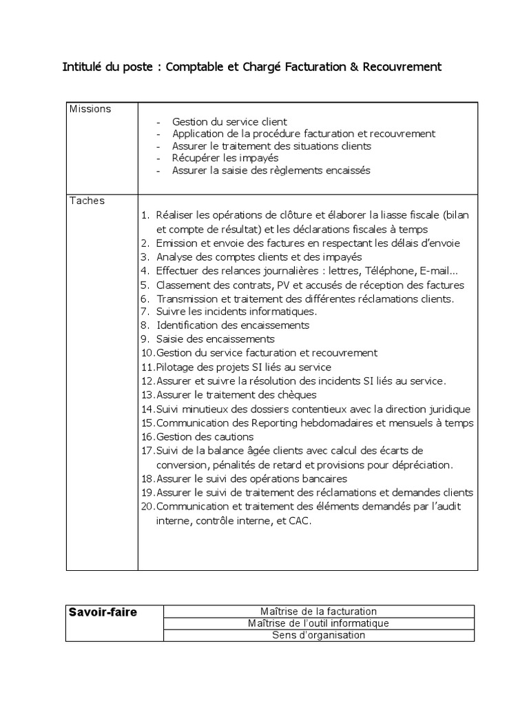 Fiche de Poste Comptable Chargé Facturation Et Recouvrement | PDF | Affaires | Droit