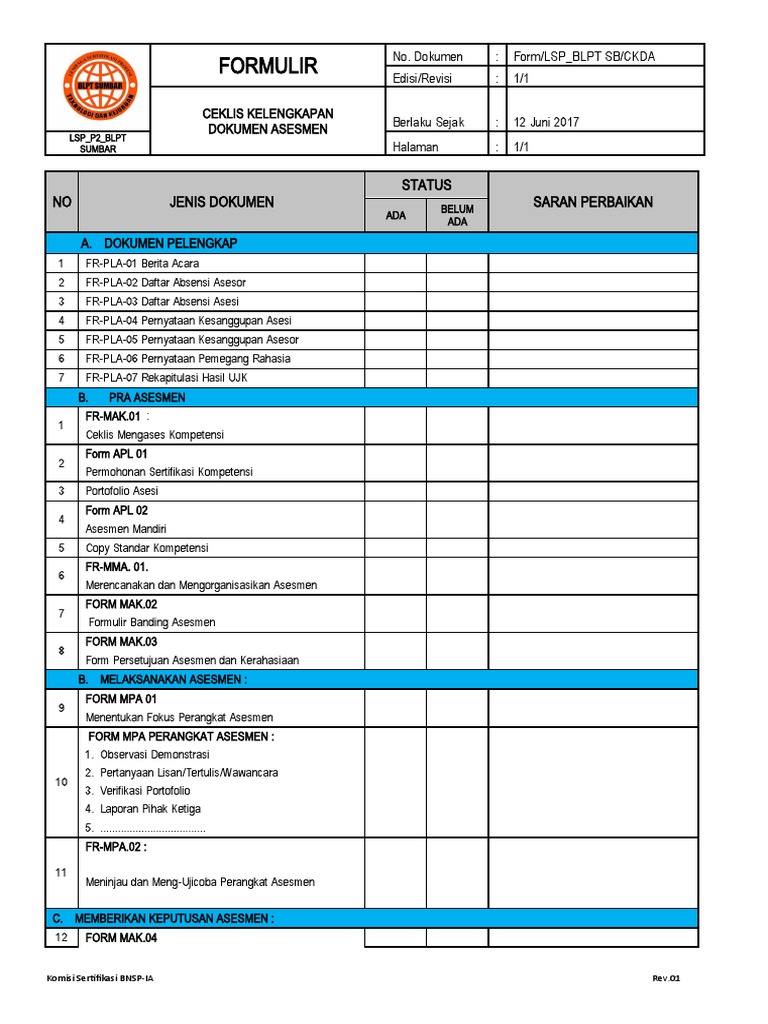00.checklist Kelengkapan Dokument - Rev.01 | PDF