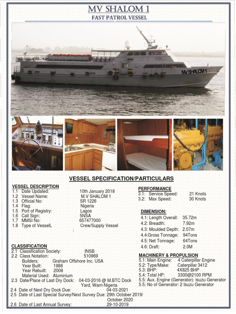 M.V. Shalom 1 Vessel Specifications | PDF | Tonnage | Ships