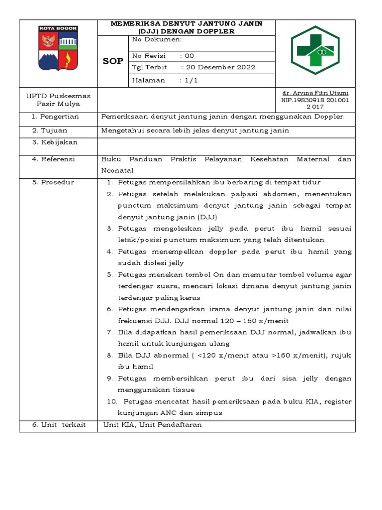 Sop - Memeriksa Denyut Jantung Janin (DJJ) Dengan Doppler | PDF