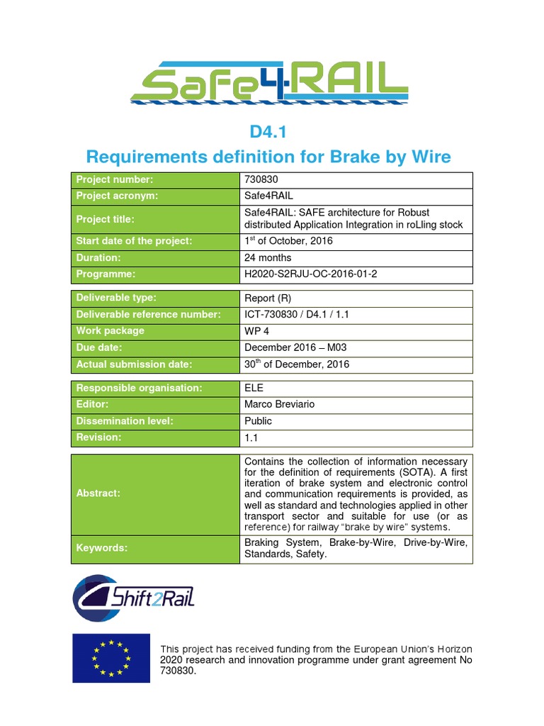 Safe4RAIL D4.1 Requirements Definition For Brake by Wire PU M3 | PDF | Brake | Friction