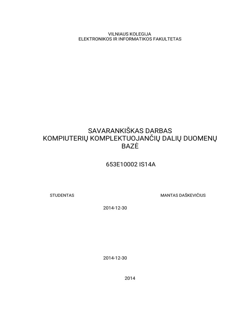 KOMPIUTERIu KOMPLEKTUOJANciu DALIu DUOMENu BAZe | PDF