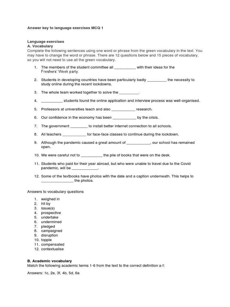 MCQ 1 - Language exercises answer key | PDF | Vocabulary | Doctor Of ...