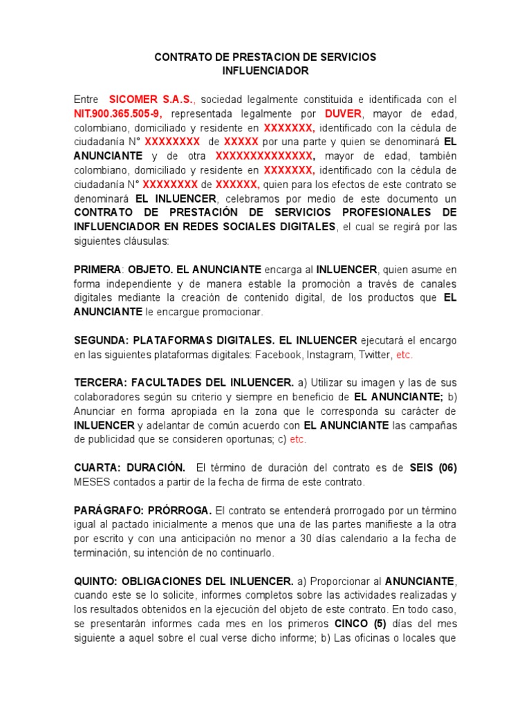 Contrato de Prestacion de Servicios Influencer | PDF | Publicidad ...