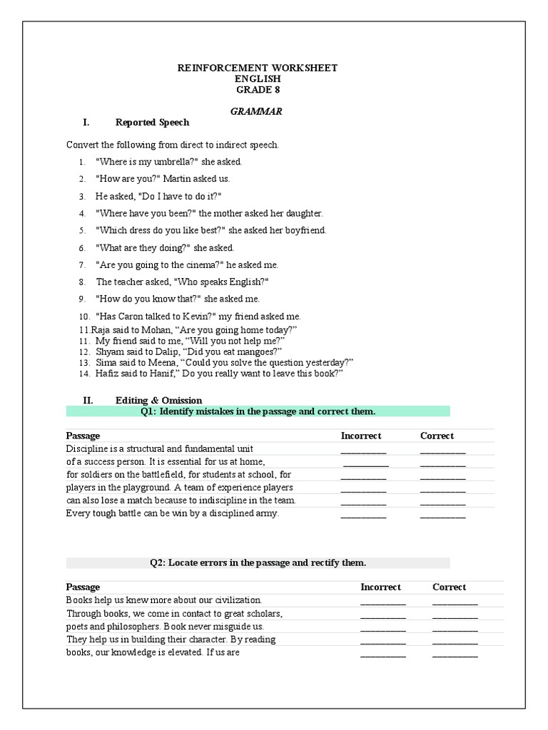Grade 8 - Grammar - Reinforcement Worksheet | PDF
