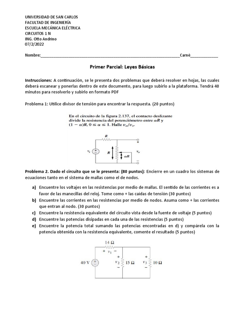 Primer Examen Parcial C1N Leyes Básicas 1S.2022 | PDF