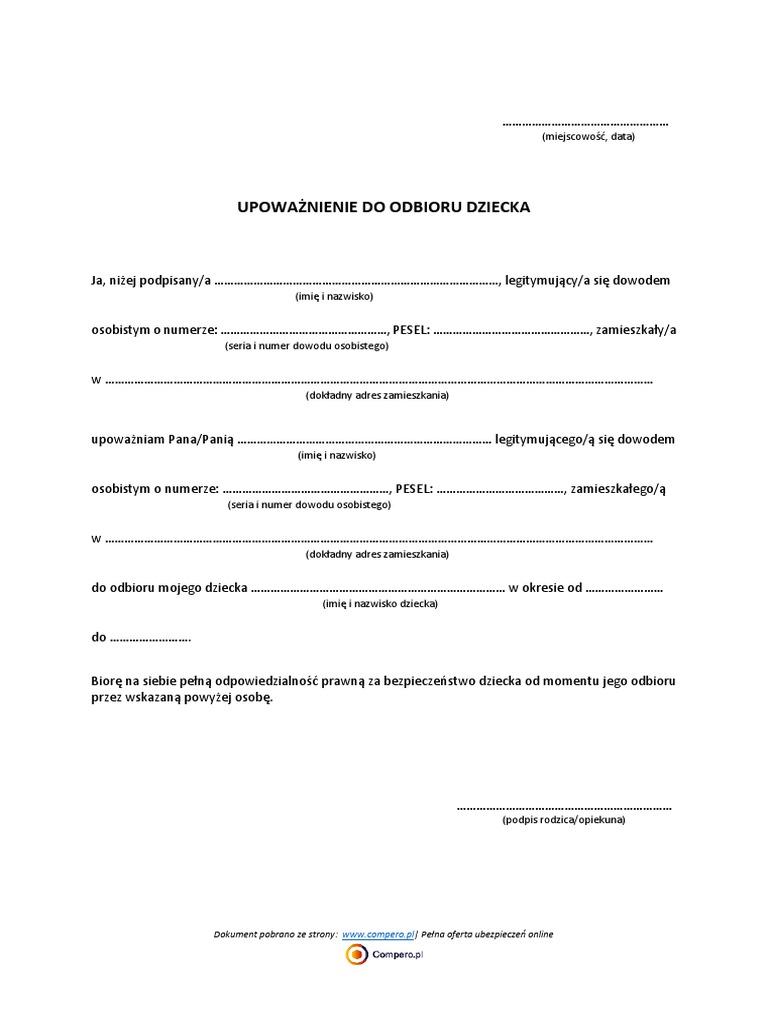 Urzedowe Upowaznienie Do Odbioru Dziecka | PDF Urzedowe Upowaznienie Do Odbioru Dziecka | PDF