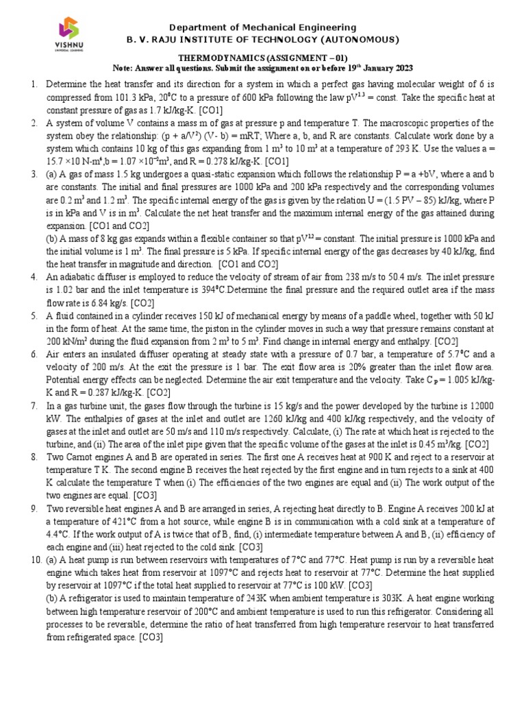 TD Assignment 01 2022 23 Isem | PDF | Gases | Heat