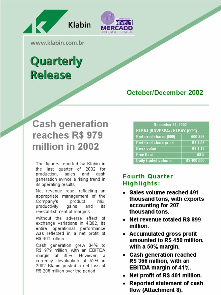 Cash Generation Reaches R$ 979 Million in 2002: October/December 2002 ...