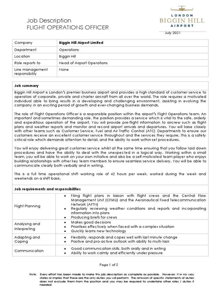 BHAL Job Description - Flight Operations Officer - FINAL - July 2021 ...