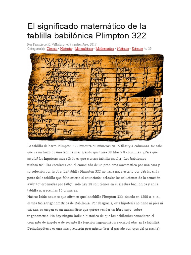 El Significado Matemático de La Tablilla Babilónica Plimpton 322 | PDF ...