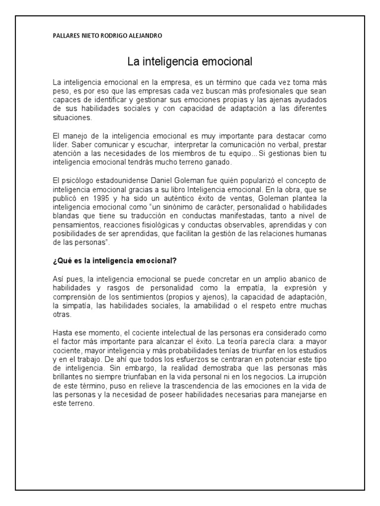 La Inteligencia Emocional | PDF | Inteligencia emocional | Las emociones