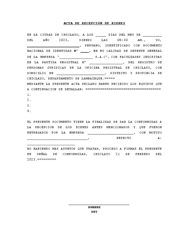 Acta de Recepcion de Bienes | PDF Acta de Recepcion de Bienes | PDF