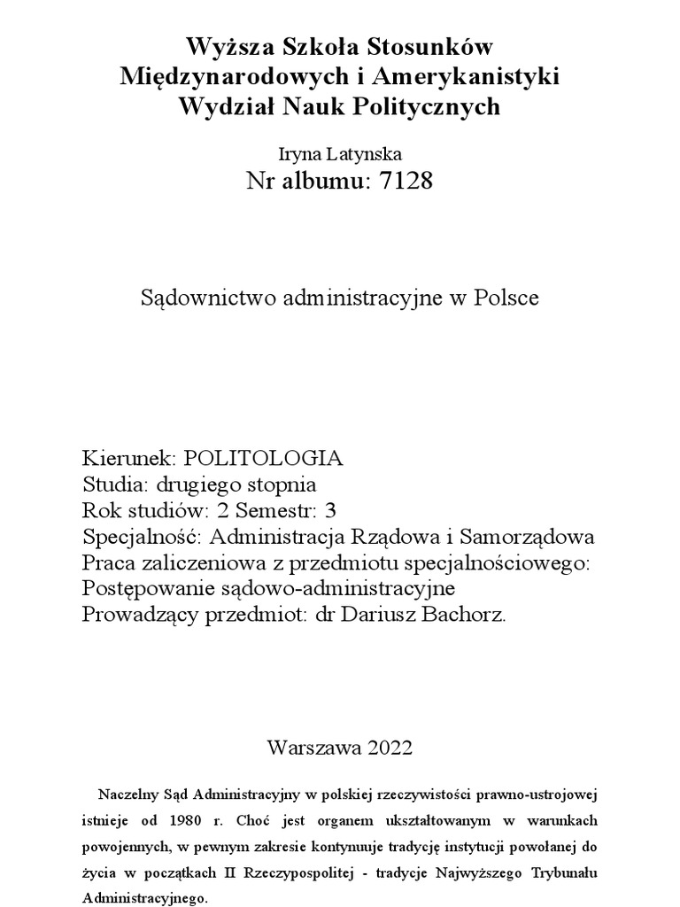 Praca Zaliczeniowa. Iryna Latynska. NR Albumu 7128 | PDF