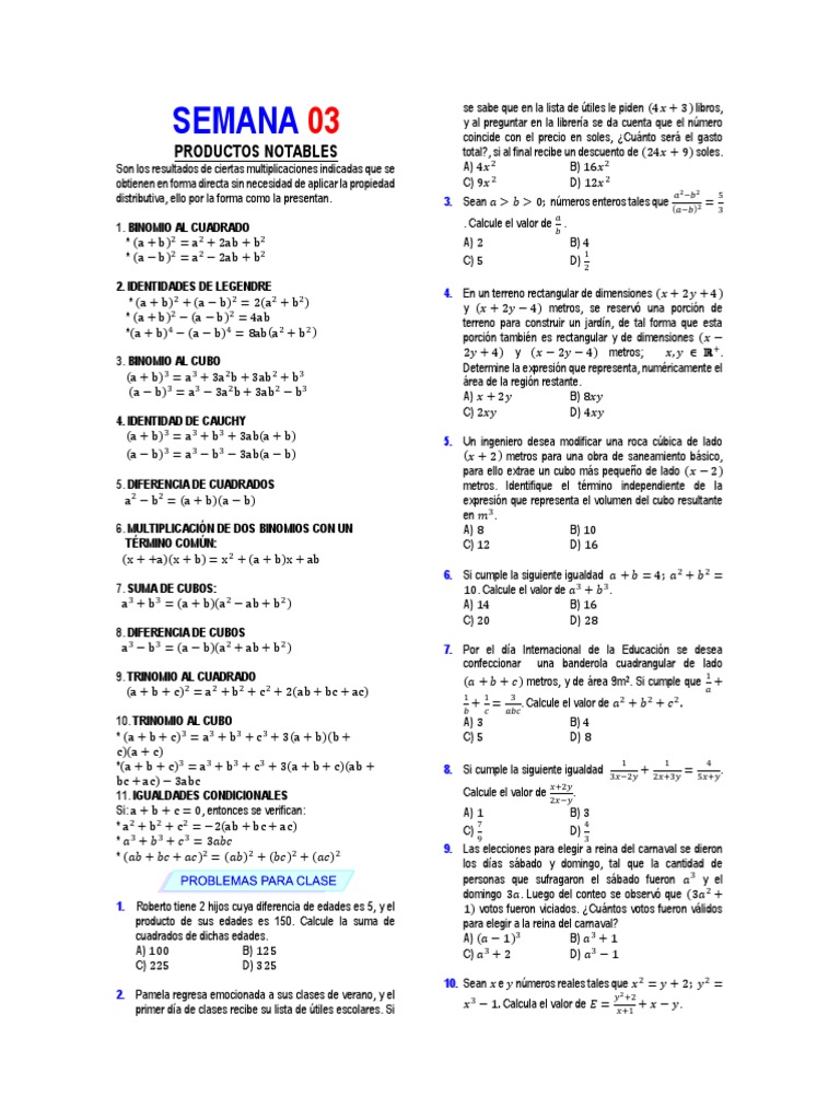 Identidades Y Productos Notables En Matemáticas Pdf Matemáticas