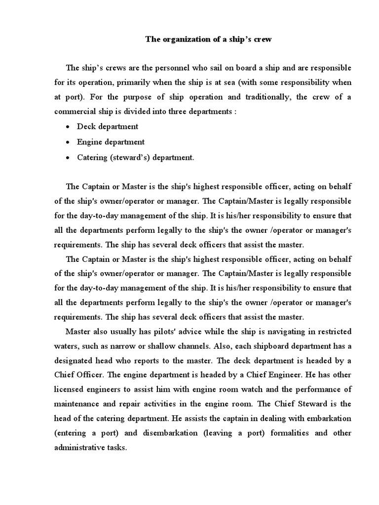 Ship Crew Organization and Roles | PDF | Sea Captain | Ships