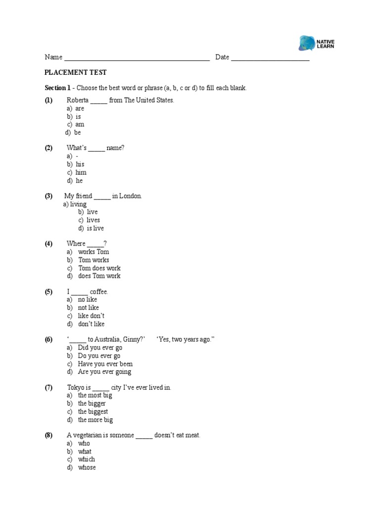 Higher Level Placement-Test | PDF