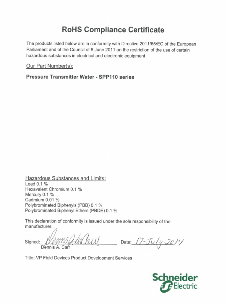 SPP110 Series Pressure Transmitter Water RoHS Certificate | PDF