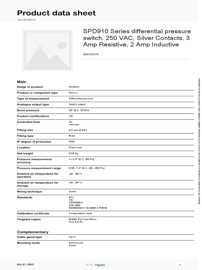 SPD910 Pressure Switch Specs | PDF | Pressure Measurement | Electrical ...