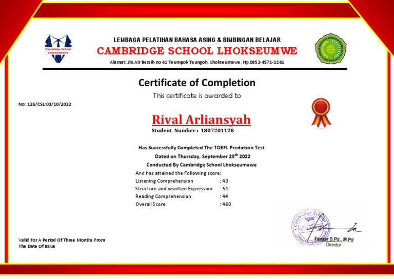 Certificate of Completion for Rival Arliansyah's Successful Completion ...