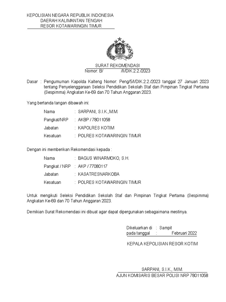 Rekomendasi Seleksi Sespimma 2023 | PDF