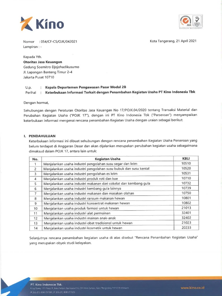 Penambahan Kegiatan Usaha KINO | PDF