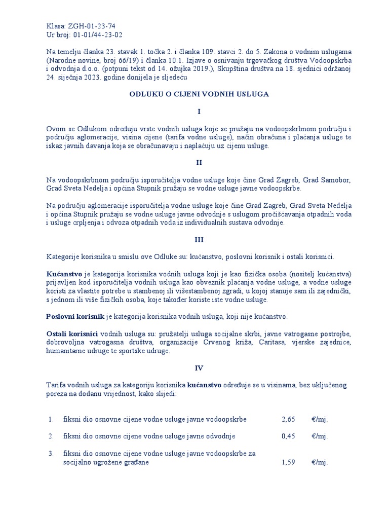 Objava - Odluka o Cijeni Vodnih Usluga | PDF