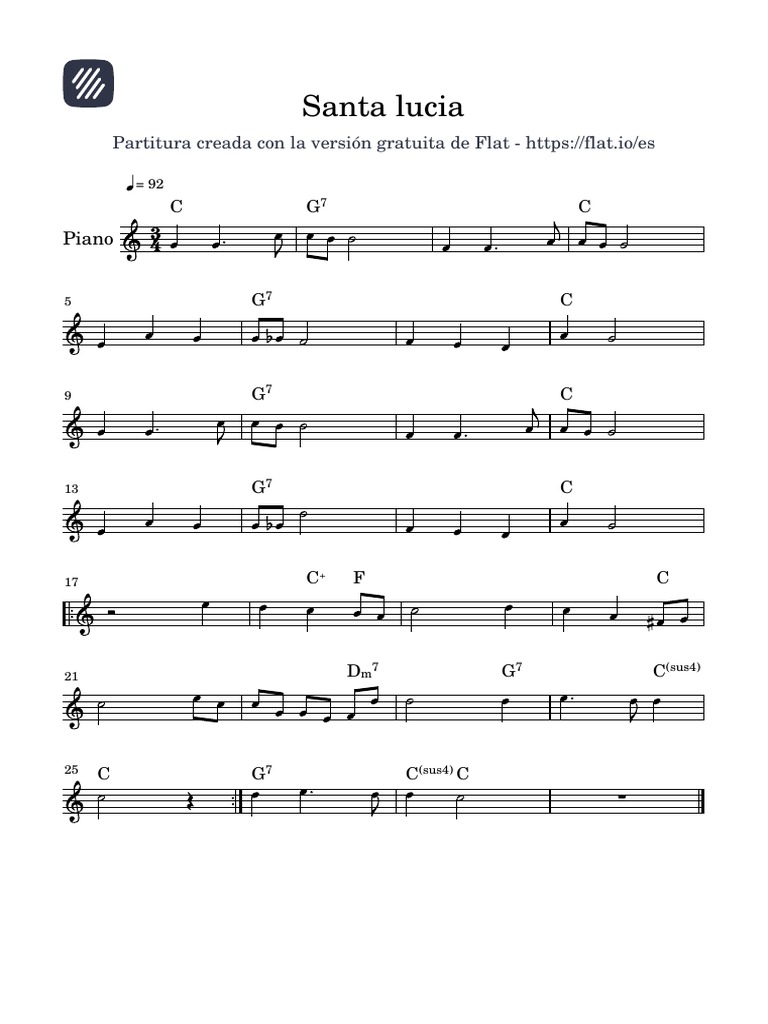 Partitura musical de la canción tradicional 'Santa Lucía' para piano en ...