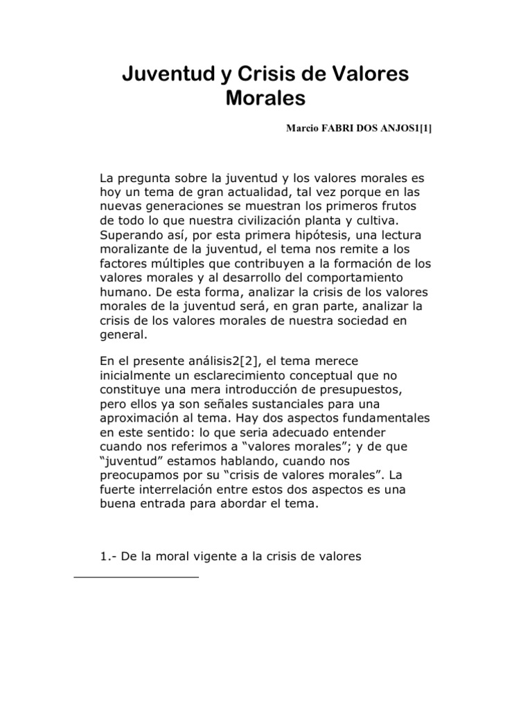 Juventud Y Crisis De Valores Morales Pdf Juventud Moralidad