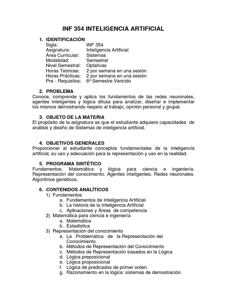 Inf 354 Inteligencia Artificial | PDF | Lógica | Red neuronal artificial