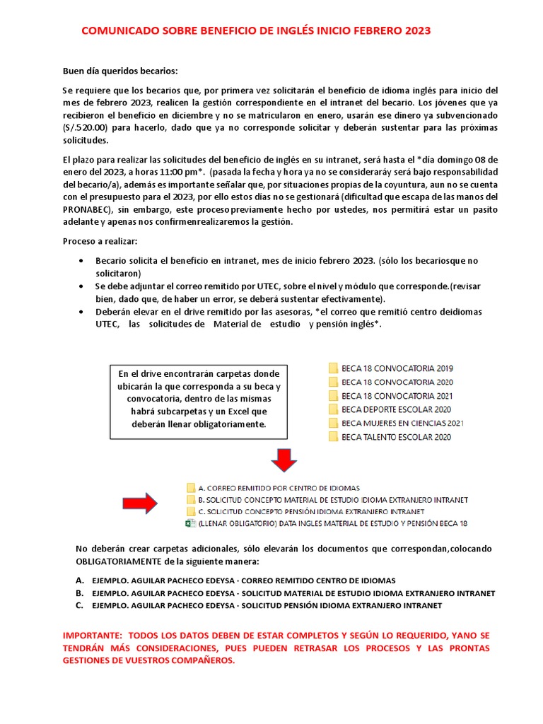 Comunicado Ingles Inicio Febrero Becarios Utec | PDF