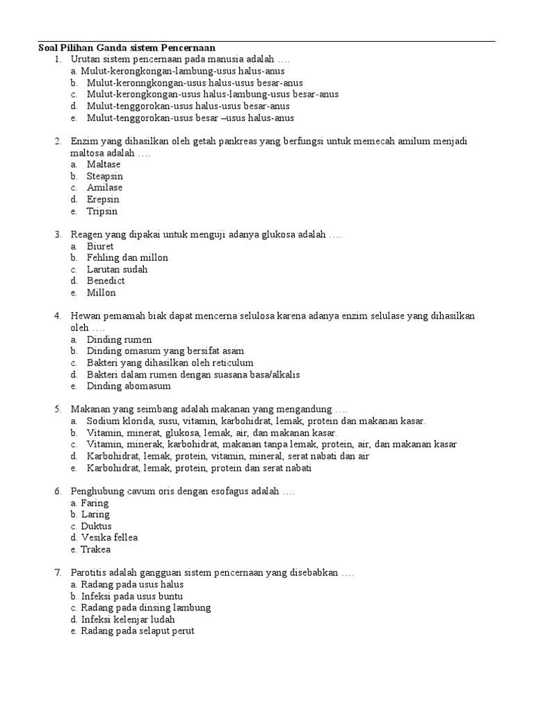 Soal Pilihan Ganda Sistem Pencernaan | PDF
