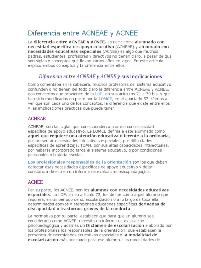 Diferencia Entre ACNEAE y ACNEE | PDF | Modificación de comportamiento | Cognición