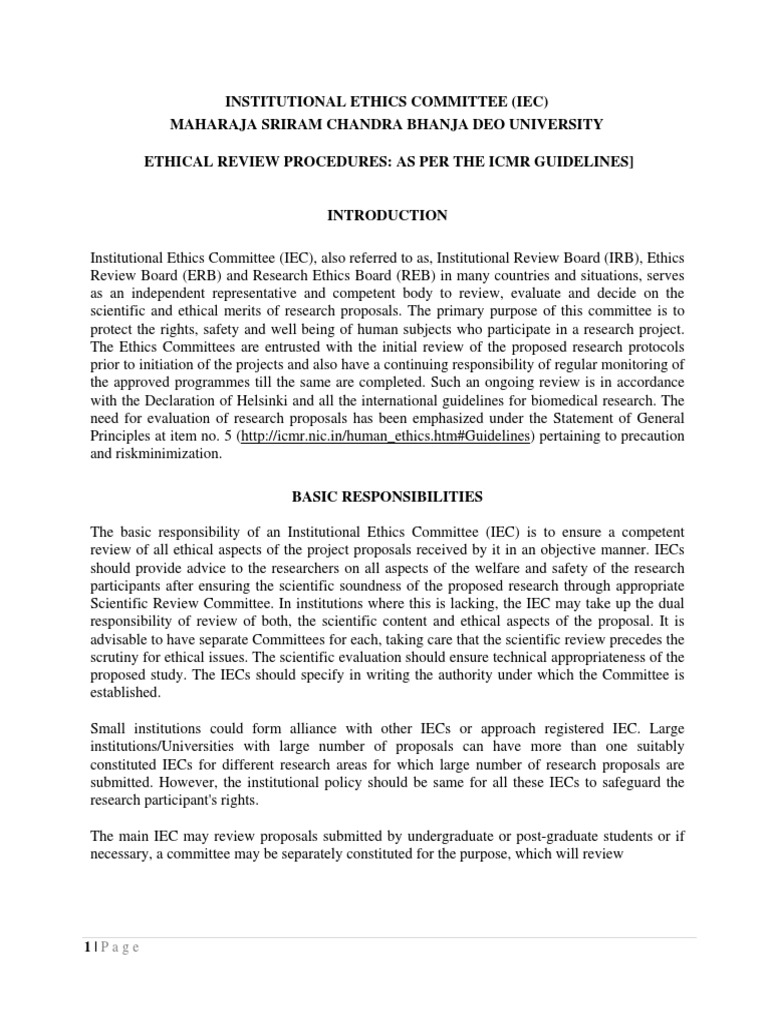 Institutional Ethics Committee (Iec) Maharaja Sriram Chandra Bhanja Deo University Ethical ...