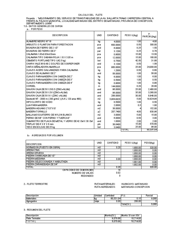 Cálculo de Flete Terrestre y Materiales | PDF | Rieles | Materiales de ...