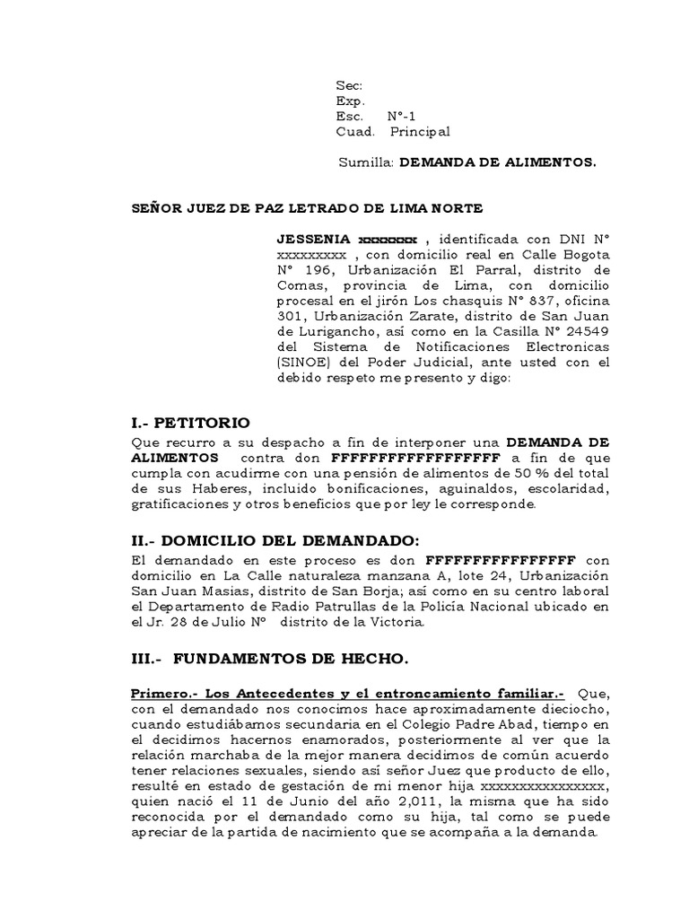 Demanda de Alimentos - Summa Juristas | PDF | Mandato | Pensión alimenticia