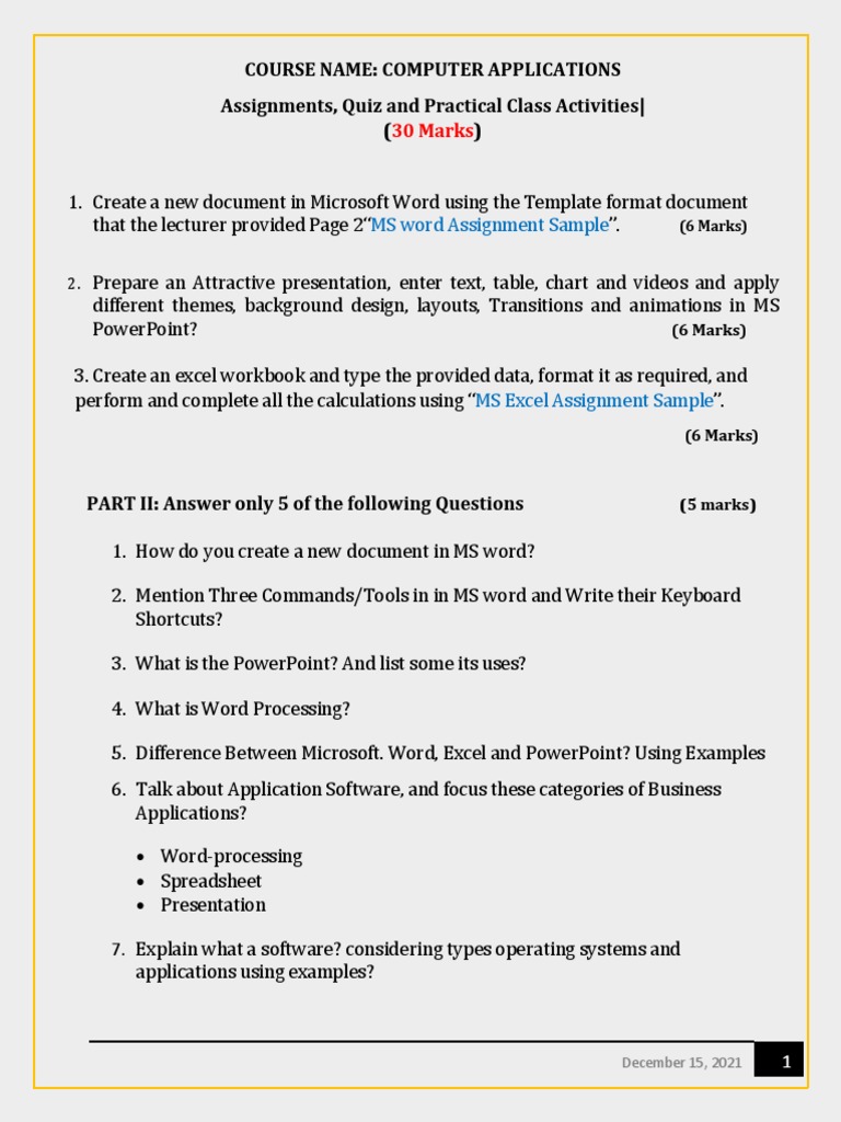 Computer Application-Assignments | PDF | Microsoft Excel | Microsoft Word