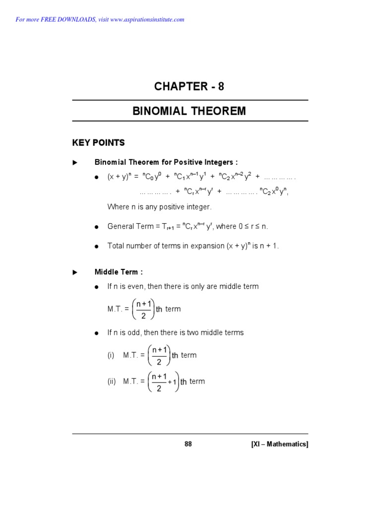 11 Maths Binomial Theorem Notes Assignments | PDF | Complex Analysis ...