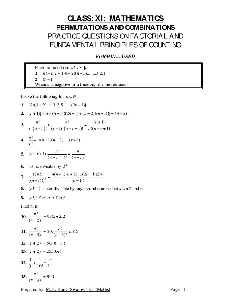Class Xi Maths Permutations and Combinations Practice Questions 2015 16 ...