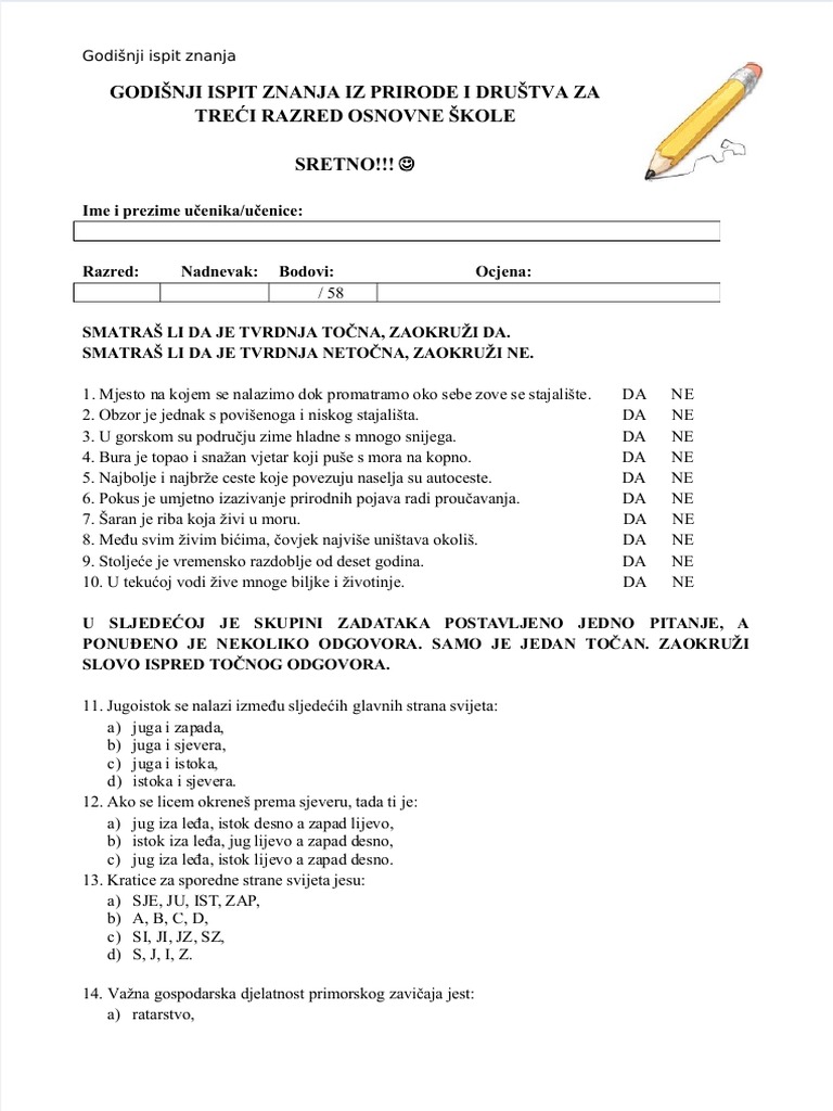 Dokumen - Tips Godisnji Ispit Znanja Iz Prirode I Drustva Za Treci Razred Osnovne Skole | PDF
