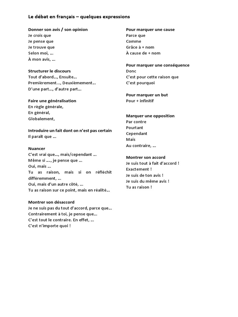 Expressions pour débattre en français | PDF | Évolution de carrière ...