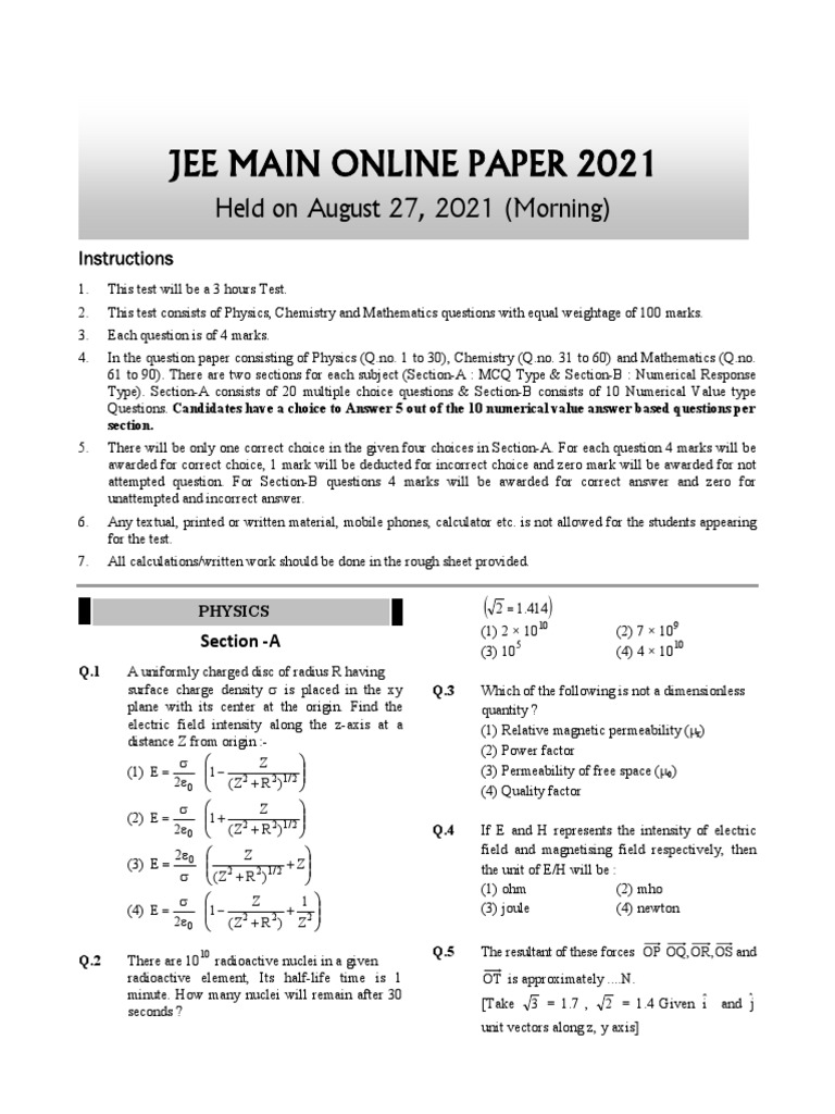 138648127th August 2021 Morning Shift JEE Main PYP | PDF | Inductor | Amine