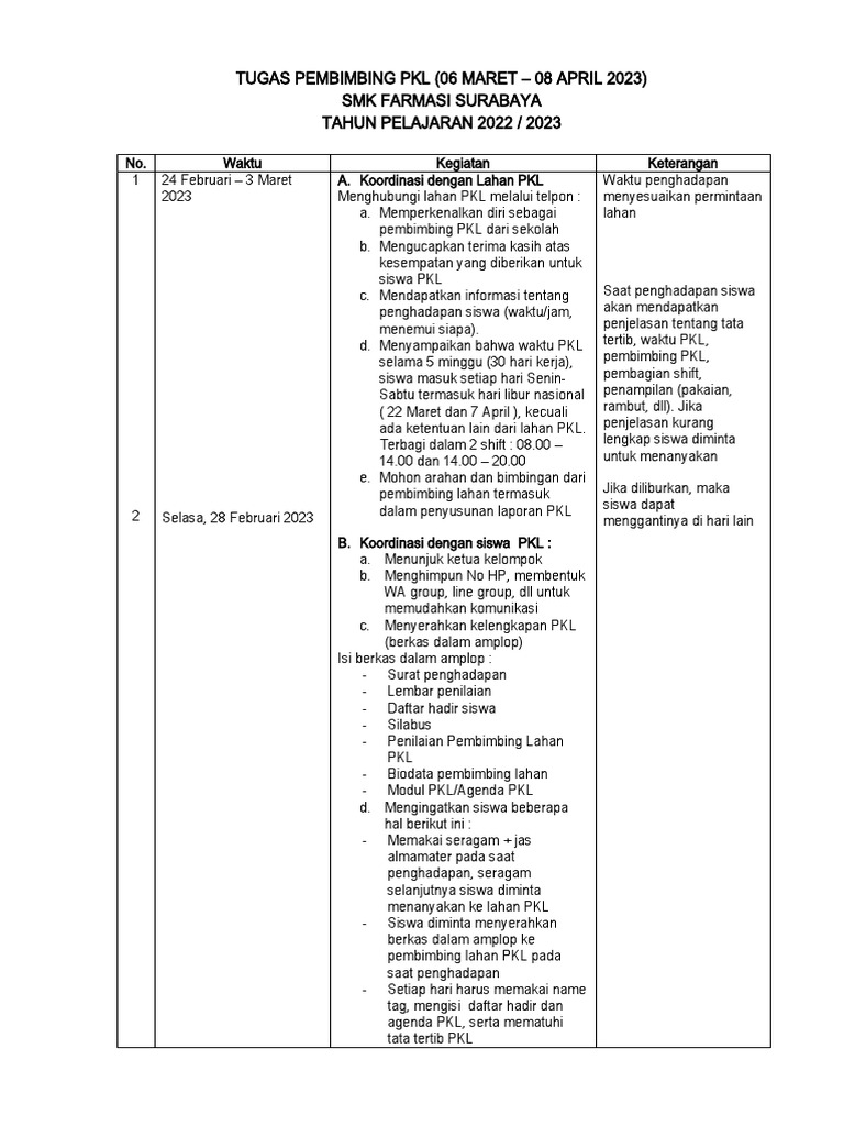 Panduan Pembimbing PKL SMK Farmasi 2023 | PDF