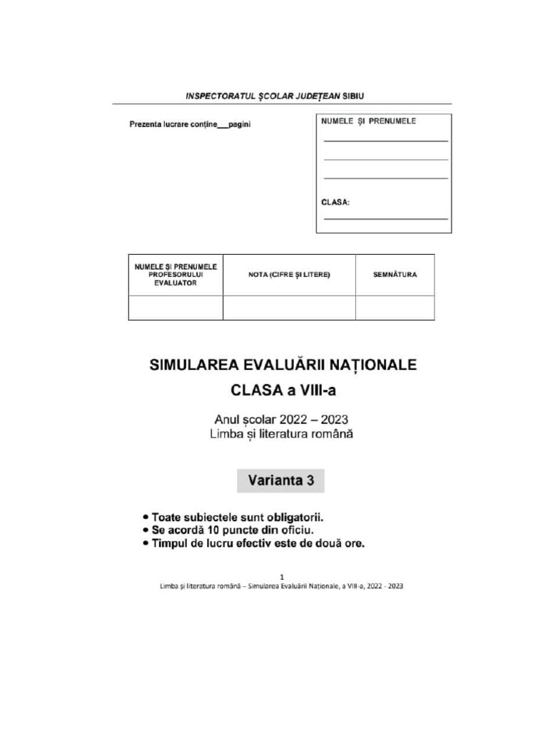 SIBIU Simulare Evaluare Nationala-Ianuarie 2023 | PDF