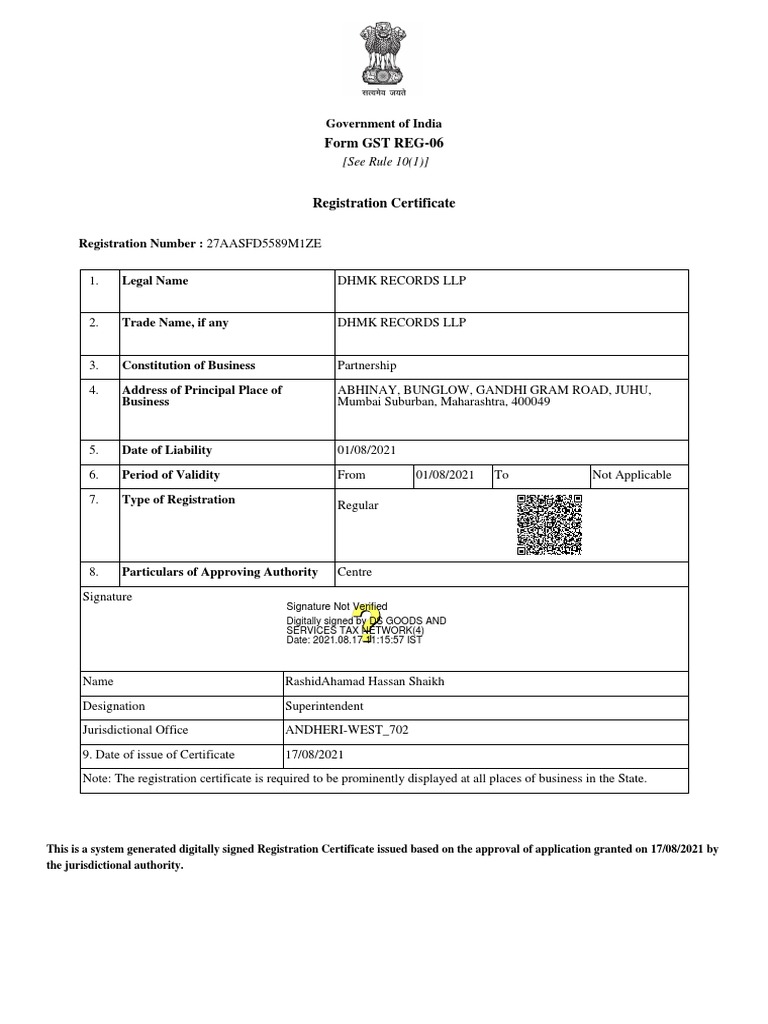 Dhamaka Records LLP GST Regstn Cert | PDF | Limited Liability Partnership | Justice